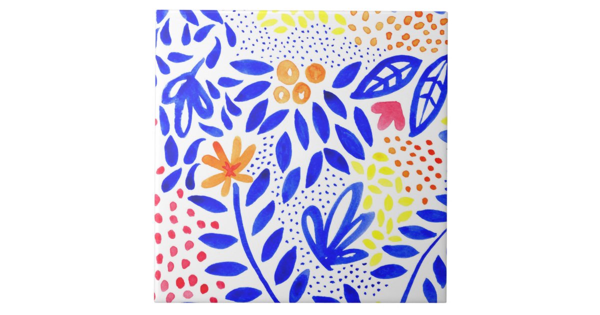 Bright Royal Blue Floral Spring Pattern Tile | Zazzle