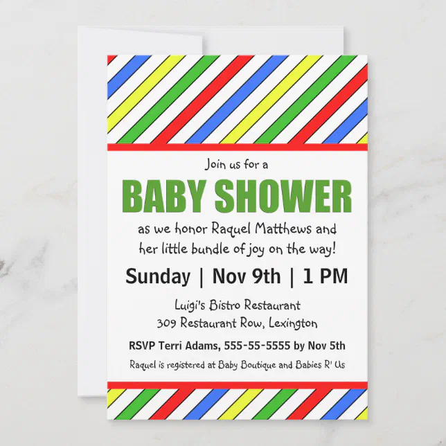 Bright Stripes Primary Colors Baby Shower Invitation | Zazzle