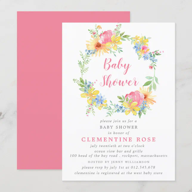 Bright Summer Pink Floral Watercolor Baby Shower Invitation | Zazzle