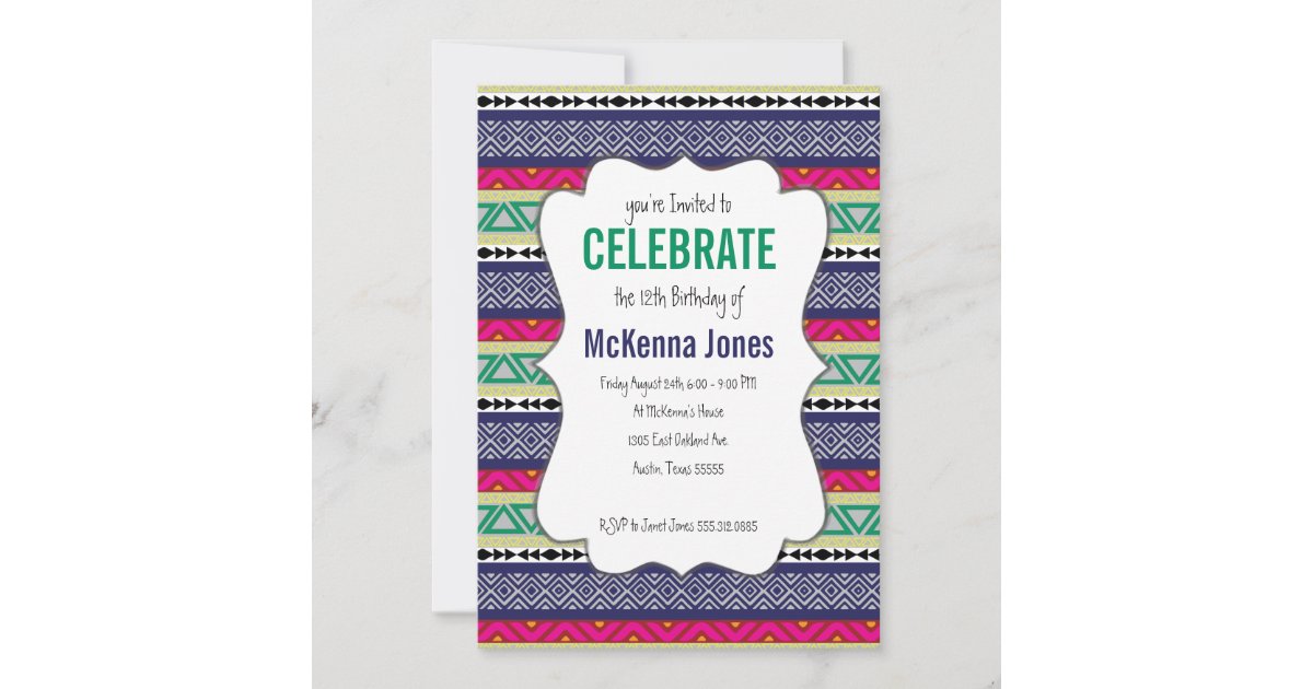 Bright tribal Aztec pattern Birthday Invitation | Zazzle