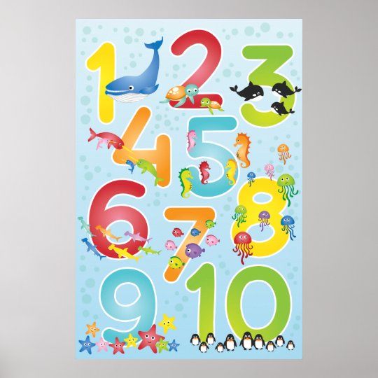 Bright Under the Sea Animals Number Poster | Zazzle.com