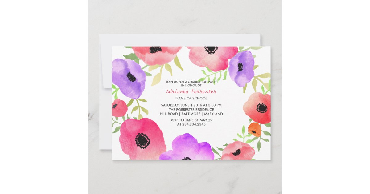 Bright Watercolor Flowers Graduation Party Invitation | Zazzle