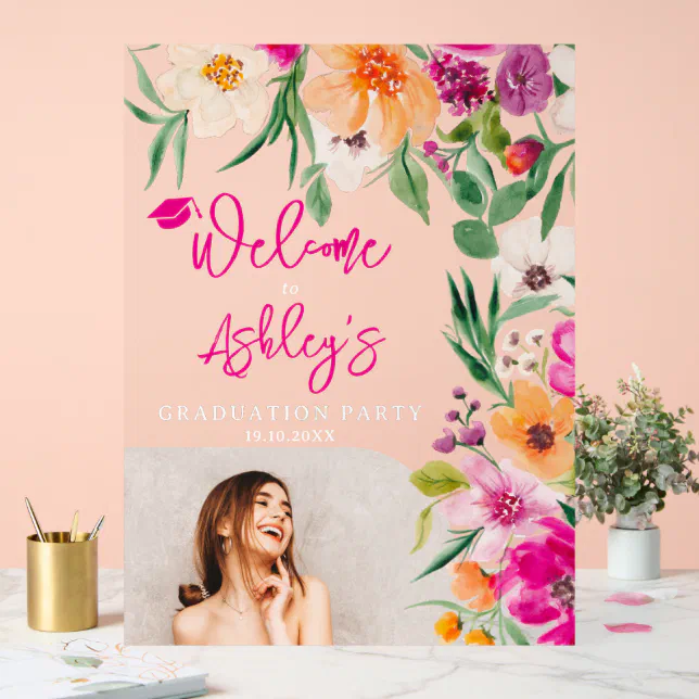 Bright wild flowers photo graduation welcome acrylic sign | Zazzle