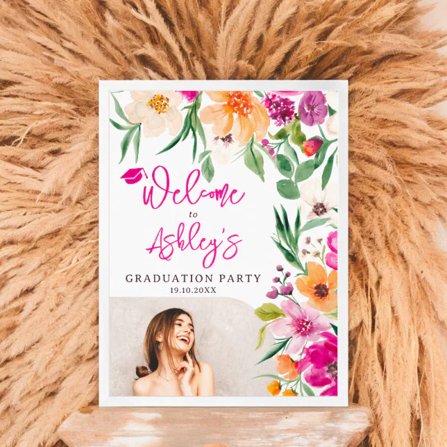 Bright wild flowers photo graduation welcome poster | Zazzle
