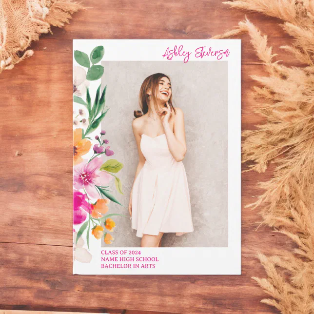 Bright wild flowers script photo graduation announcement | Zazzle