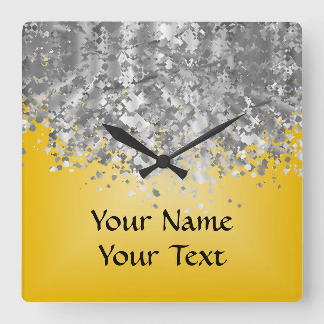 Bright yellow and faux glitter square wall clock | Zazzle