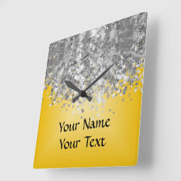 Bright yellow and faux glitter square wall clock | Zazzle