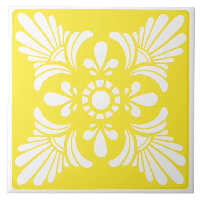 Bright Yellow and White Mediterranean Patterned Ceramic Tile | Zazzle
