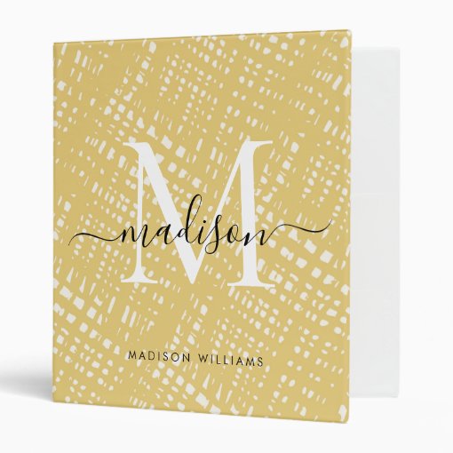 Bright Yellow Chic Pattern Monogram Script Name 3 Ring Binder | Zazzle