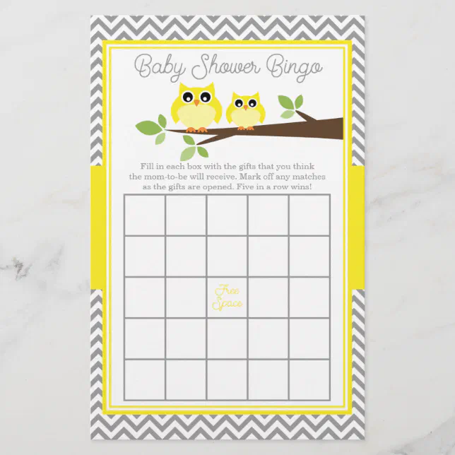 Bright Yellow Owl Gray Chevron Baby Shower Bingo | Zazzle