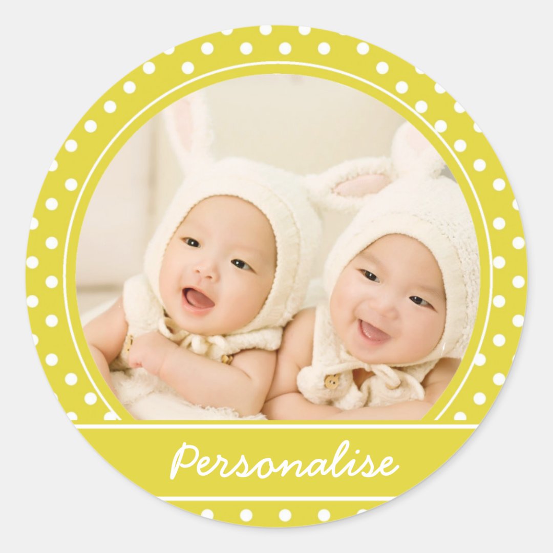 Bright Yellow Polka Dot Custom Photo and Name Classic Round Sticker ...