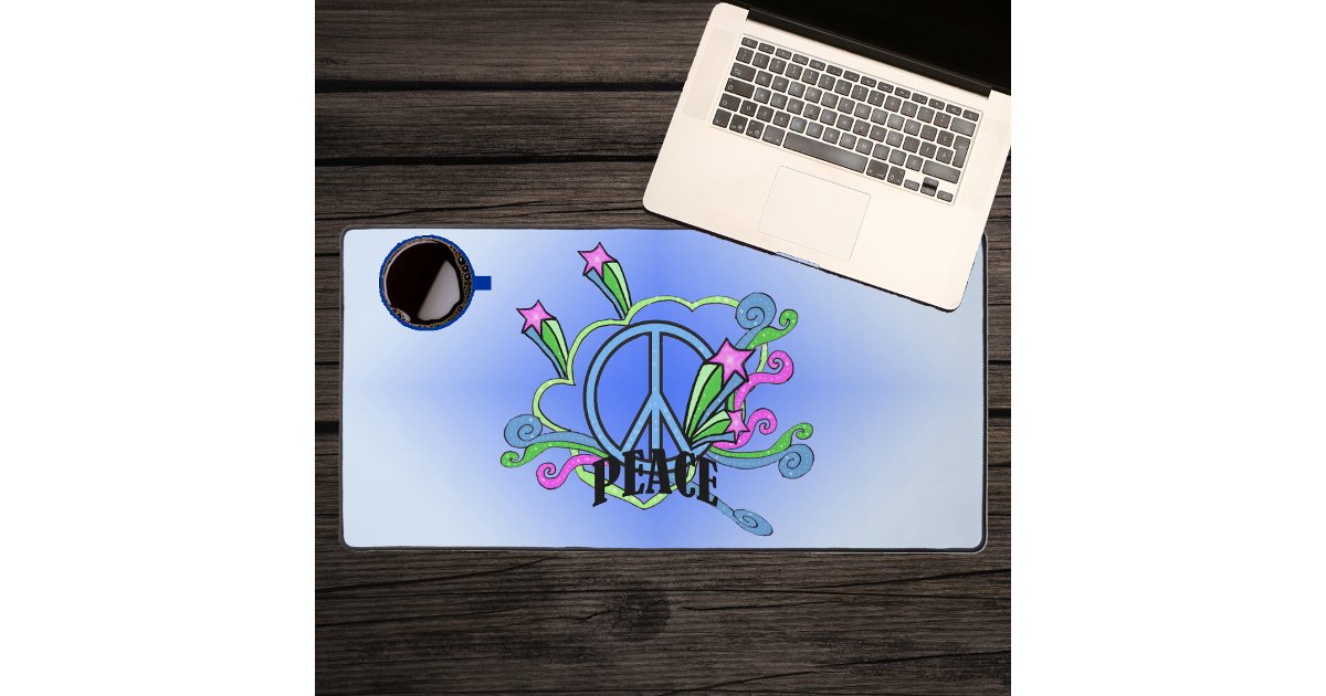 Brightly Colored Blue Peace Sign Scrolls Pink Star Desk Mat | Zazzle
