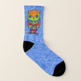 Brightly Colored Fantasy Owl Star eyes on Blue Socks | Zazzle