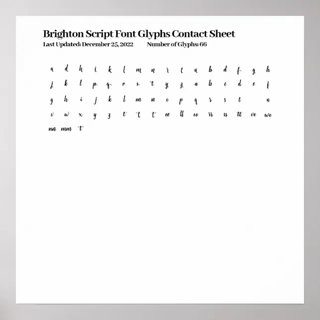 Brighton Script Font Glyphs Contact Sheet Poster | Zazzle