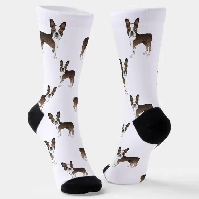 Brindle Boston Terrier Cartoon Dog Pattern Socks | Zazzle