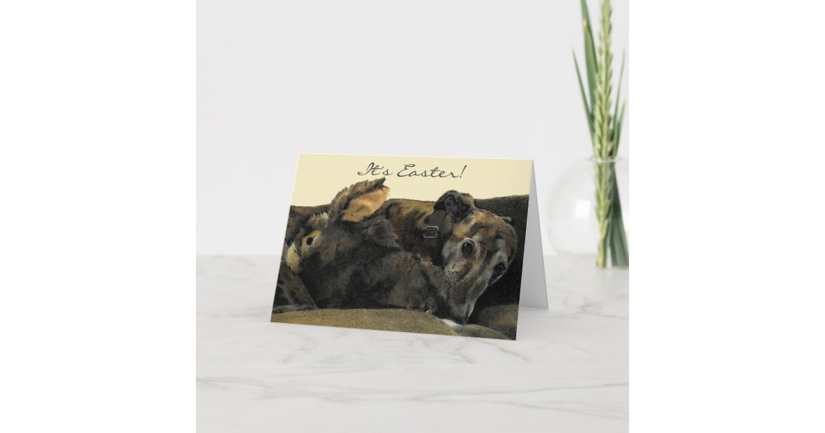 Brindle Greyhound & Bunny Easter Card | Zazzle