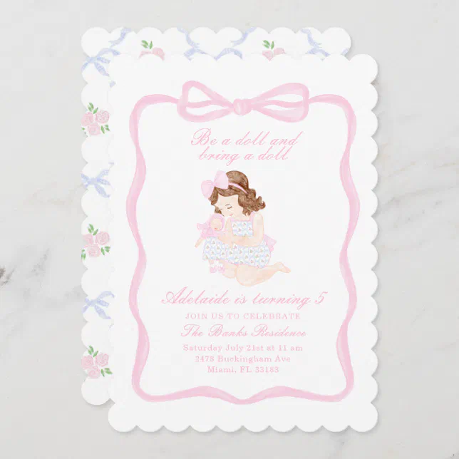 Bring a Doll Birthday Preppy Grandmillennial Invitation | Zazzle
