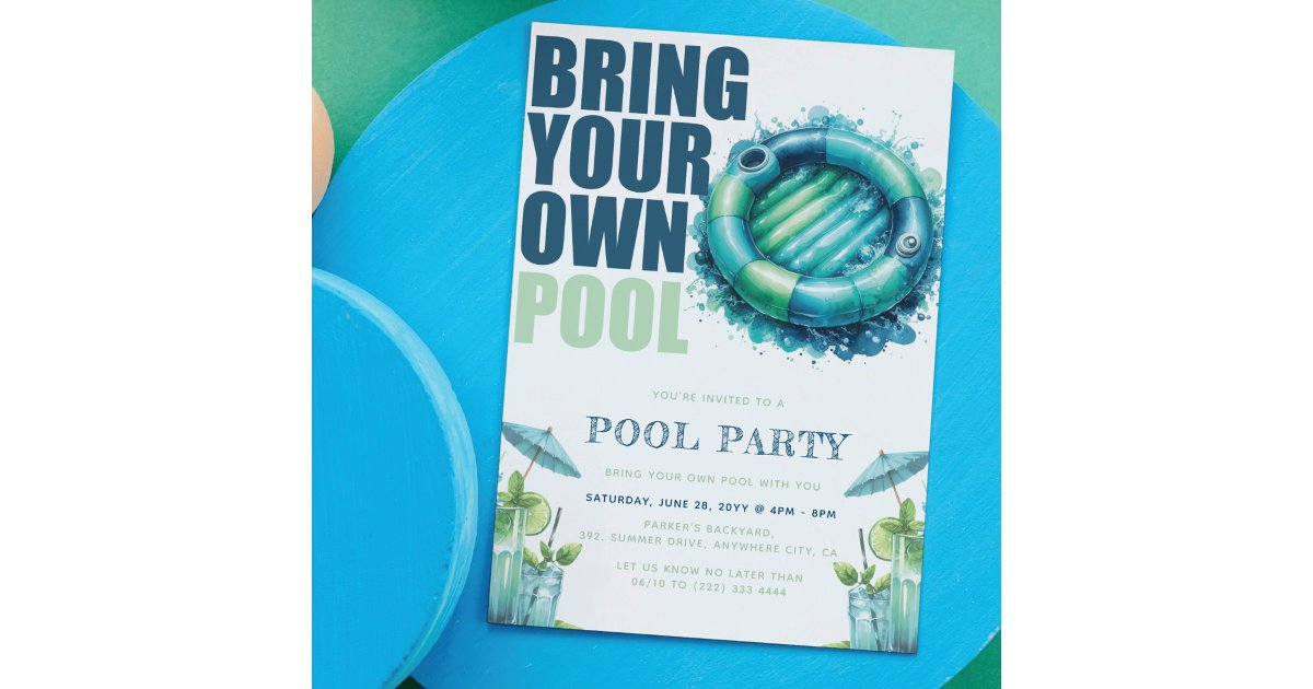 Bring Your Own Pool Party Blue Turquoise Invitation | Zazzle