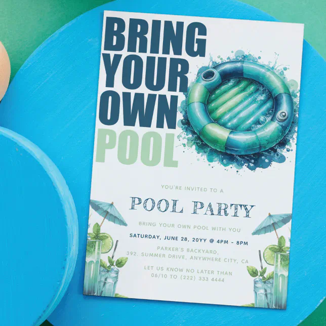Bring Your Own Pool Party Blue Turquoise Invitation | Zazzle