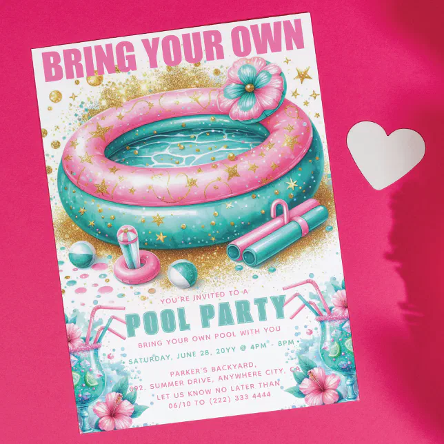 Bring Your Own Pool Party Pink Turquoise glitter Invitation | Zazzle