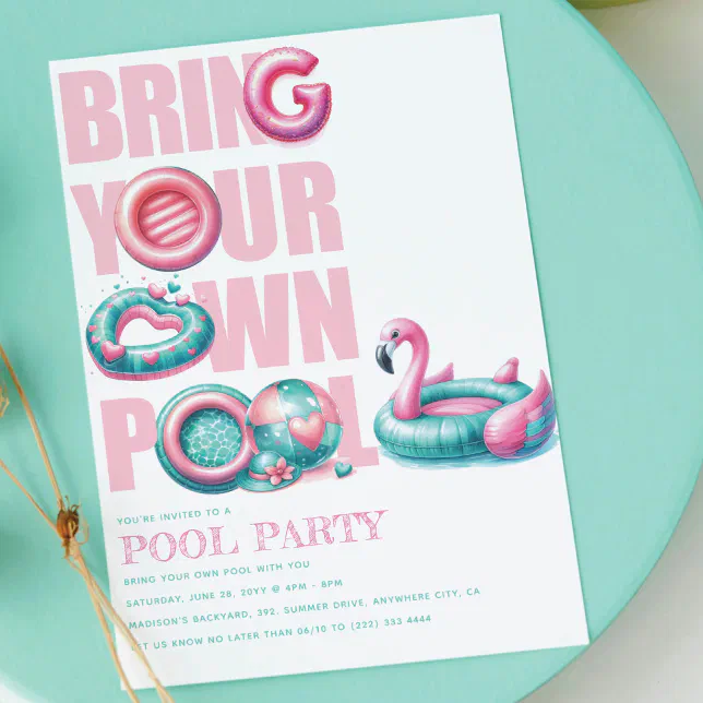 Bring Your Own Pool Party Pink Turquoise Invitation | Zazzle