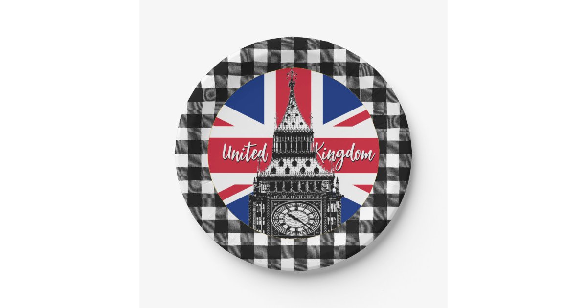 British Flag Plate, Big Ben, Plaid, United Kingdom Paper Plates | Zazzle