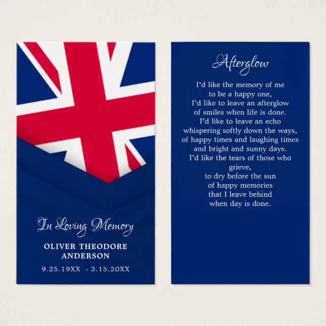 British Flag Simple Memorial Funeral Prayer Card | Zazzle
