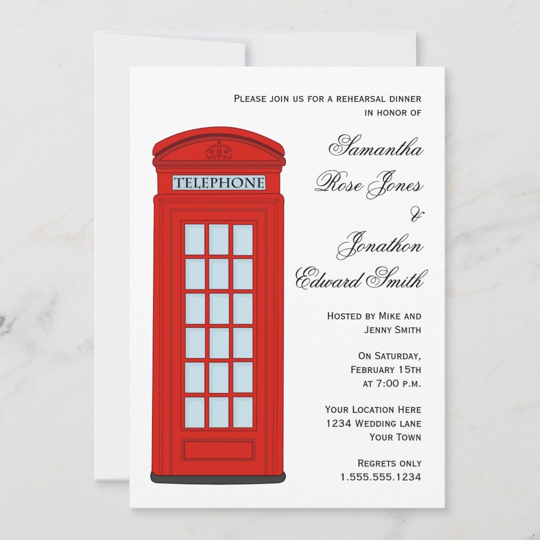 British Red Telephone Box Wedding Rehearsal Dinner Invitation | Zazzle