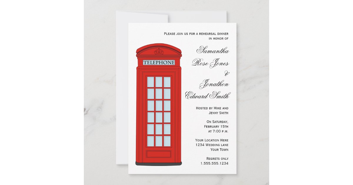 British Red Telephone Box Wedding Rehearsal Dinner Invitation | Zazzle