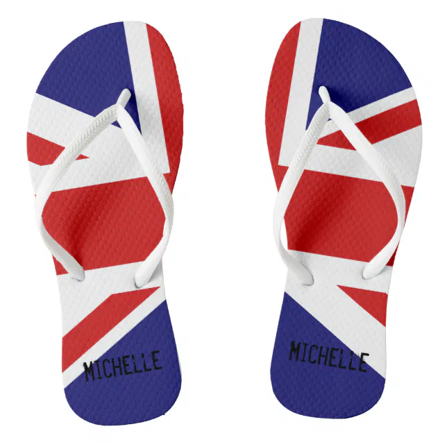 British Union Jack flag flip flops with name | Zazzle