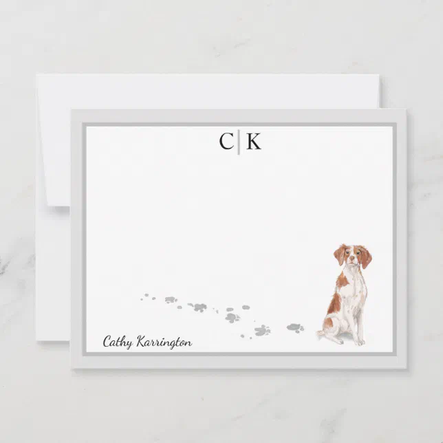 Brittany Dog Gray Border Monogram Your Name Custom Note Card | Zazzle