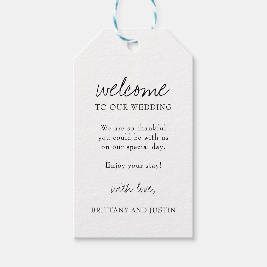 Brittany Elegant Black Calligraphy Wedding Welcome Gift Tags | Zazzle