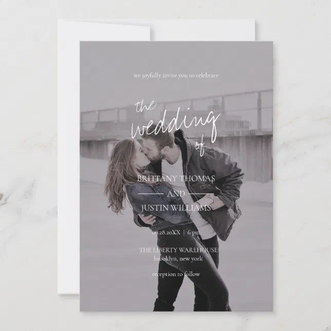 Brittany Modern Elegant White Script Photo Wedding Invitation | Zazzle