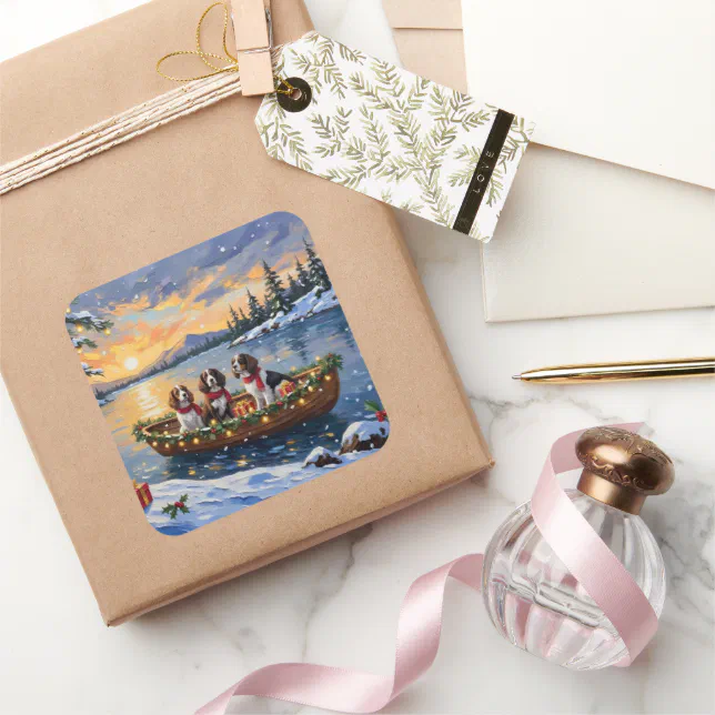 Brittany Spaniel Christmas Boat Holiday Square Sticker | Zazzle