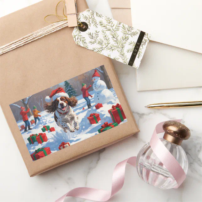 Brittany Spaniel Christmas Festive Snow Scene Rectangular Sticker | Zazzle