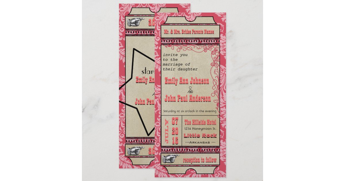 Broadway Playbill Ticket Wedding Raspberry Pink Invitation | Zazzle