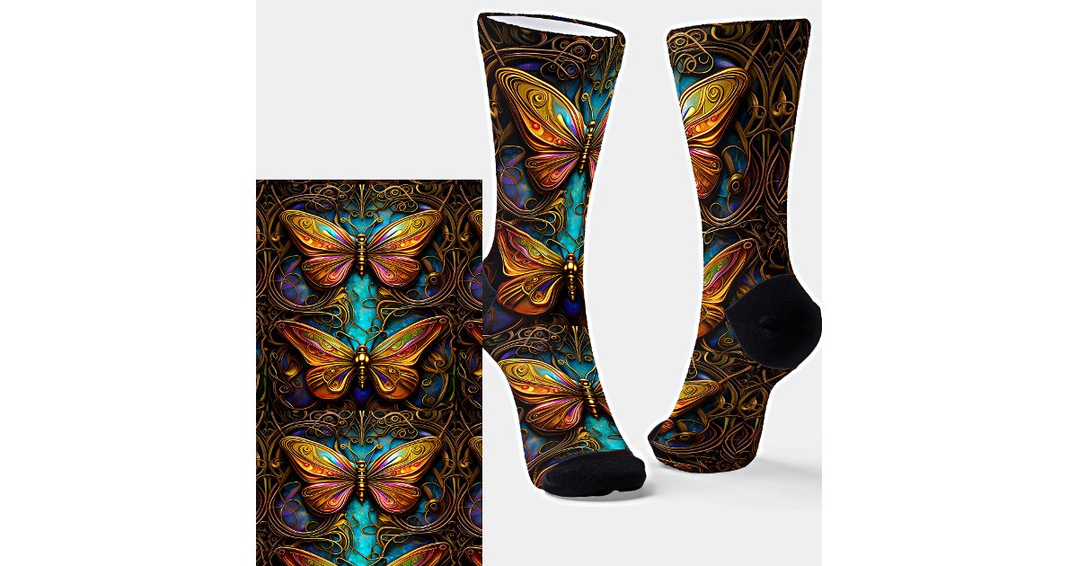 Bronze Butterflies on Aqua Blue Socks | Zazzle