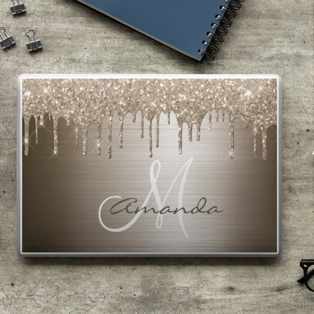 Bronze Glitter Drips Personalized Monogram HP Laptop Skin | Zazzle