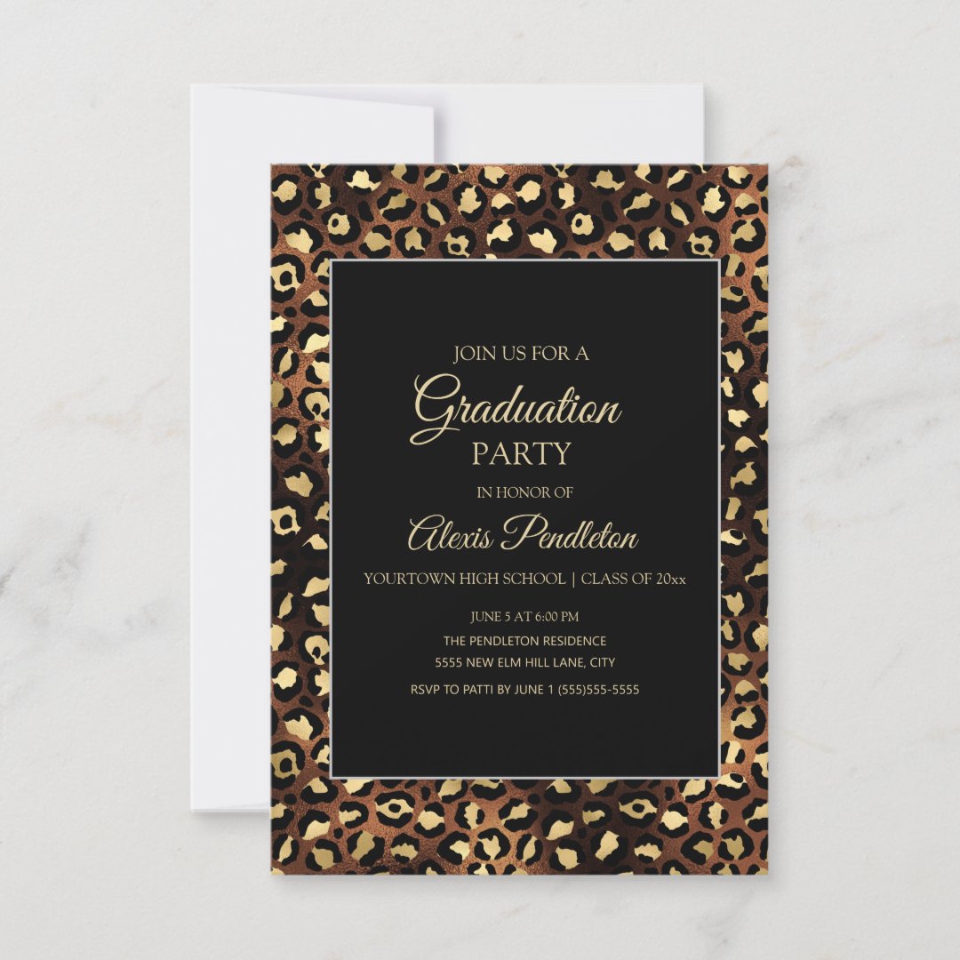 Bronze Gold Black Leopard Cheetah Graduation Party Invitation | Zazzle
