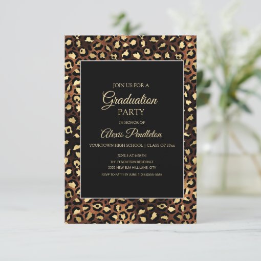 Bronze Gold Black Leopard Cheetah Graduation Party Invitation | Zazzle