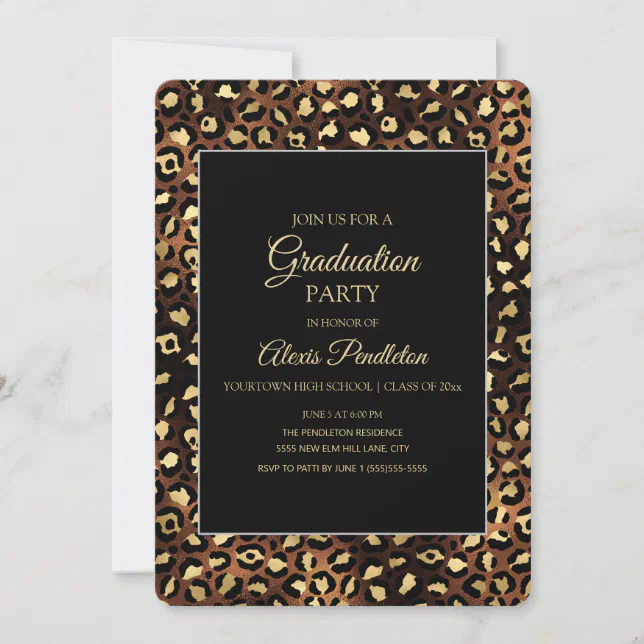 Bronze Gold Black Leopard Cheetah Graduation Party Invitation | Zazzle