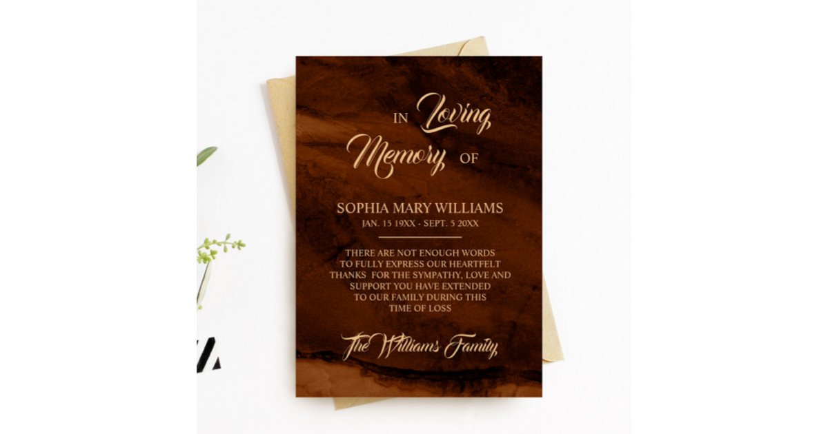 Bronze & Gold Sympathy Memory Thank You Card | Zazzle