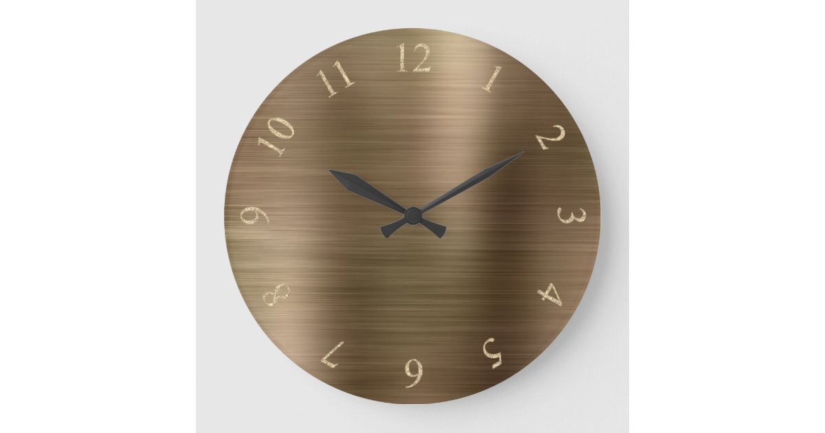 Bronze Metallic Minimal Glitter Gold US UK Numbers Large Clock | Zazzle