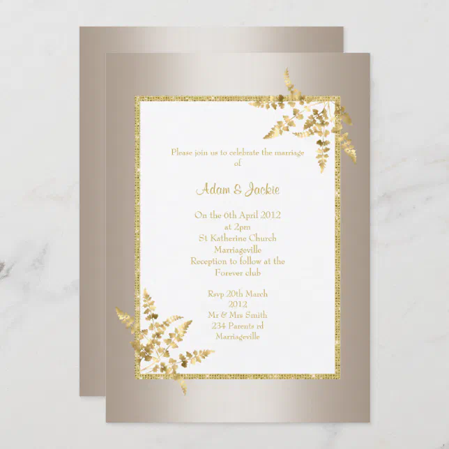 BRONZE WHITE GOLD LEAF ELEGANT CLASSY WEDDING INVITATION | Zazzle