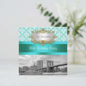 Brooklyn Bridge Turquoise Wht Damask Birthday Invitation | Zazzle