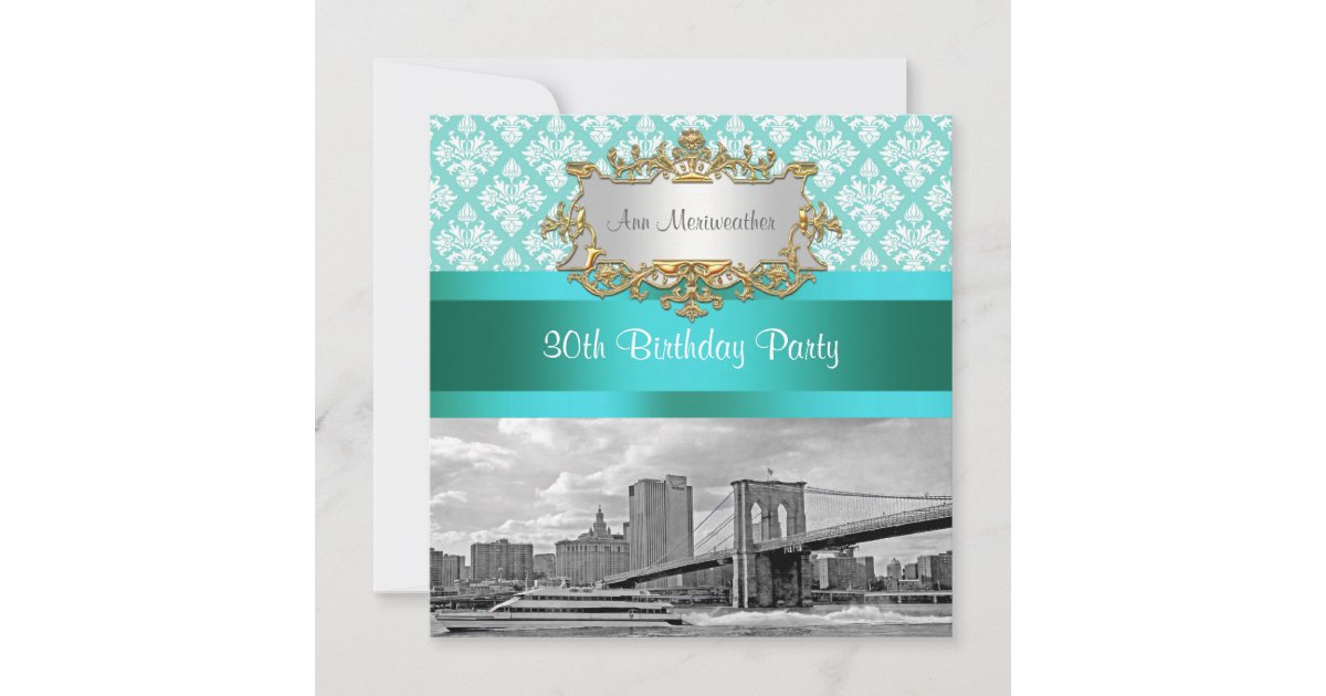 Brooklyn Bridge Turquoise Wht Damask Birthday Invitation | Zazzle
