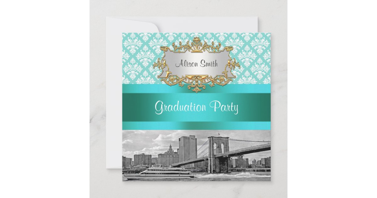 Brooklyn Bridge Turquoise Wht Damask Graduation Invitation | Zazzle