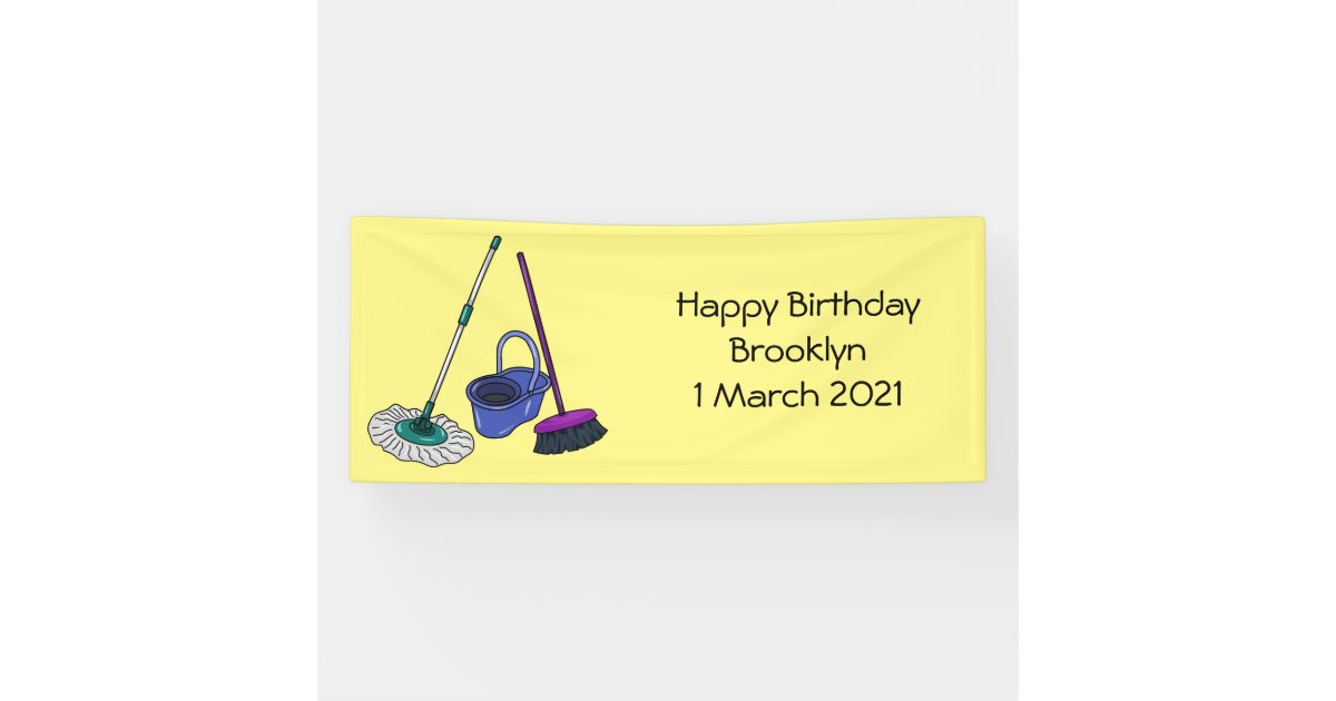 Broom & mop cartoon illustration banner | Zazzle