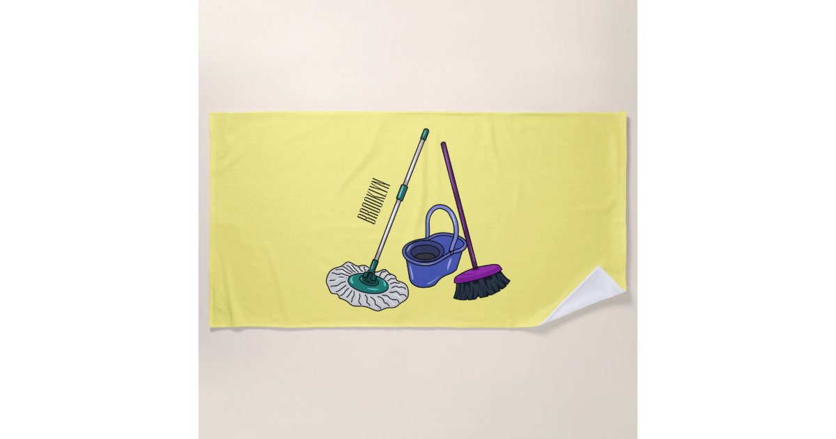Broom & mop cartoon illustration beach towel | Zazzle