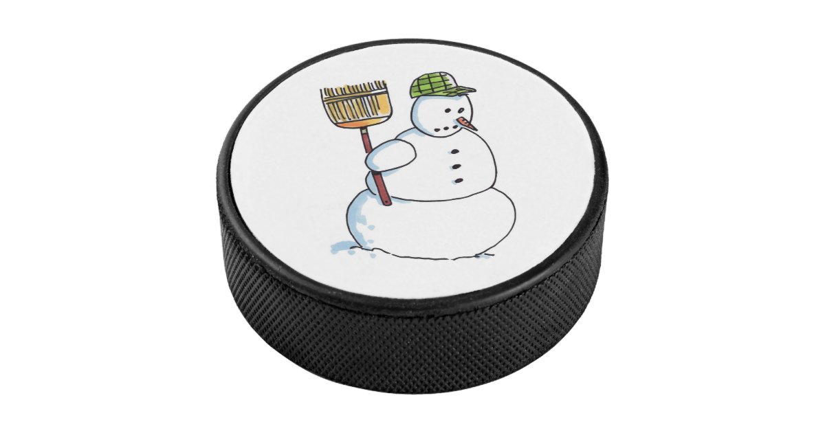 Broom Snowman hockey puck | Zazzle